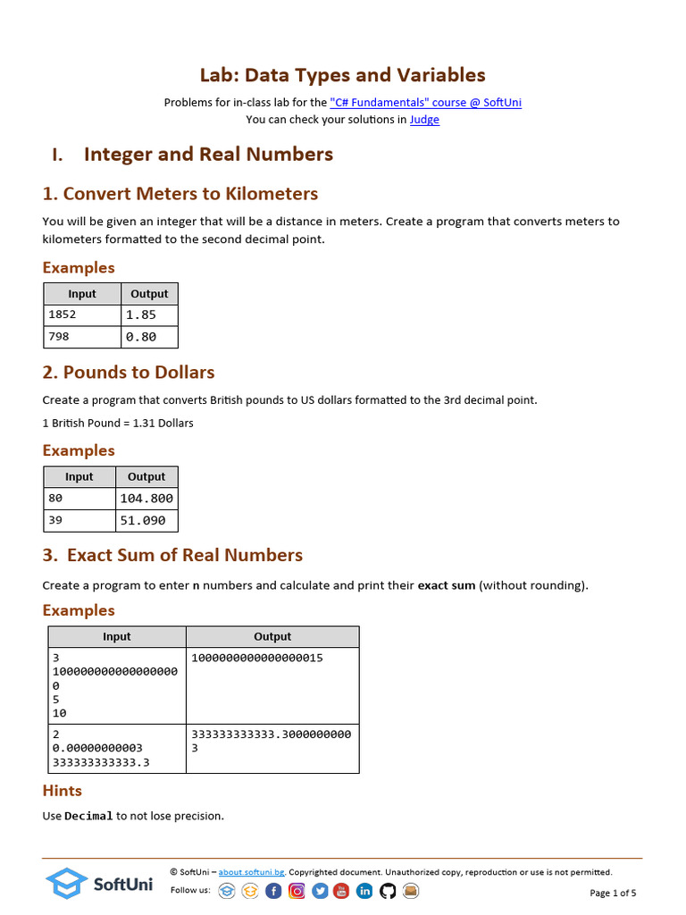 02 CSharp Fundamentals Data Types and Variables Lab | PDF | Data Type | Numbers
