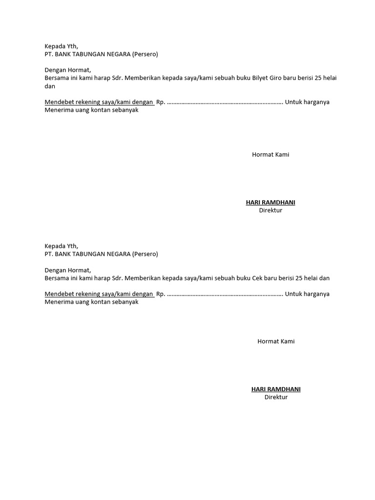 Surat Permohonan Pembukaan Cek Giro BTN Konven | PDF