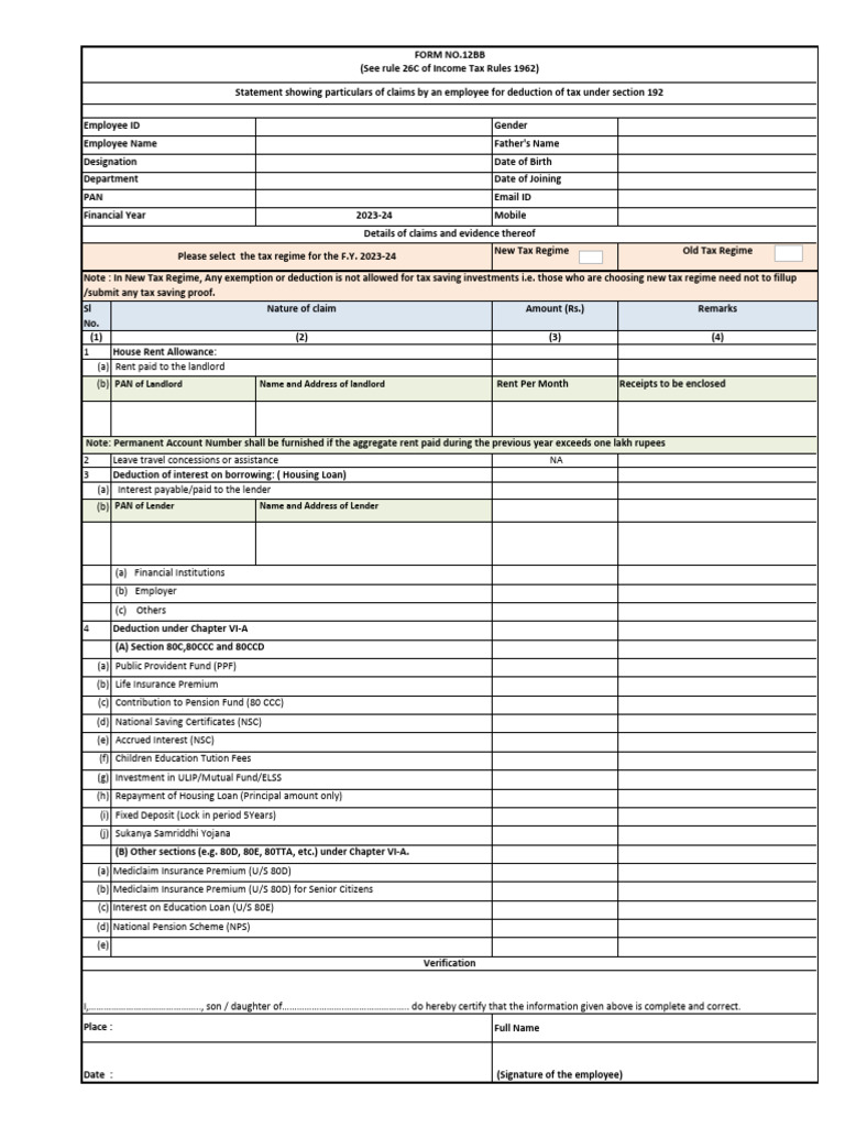 Form-12BB Format - FY 2023-24 | PDF | Taxation | Personal Finance