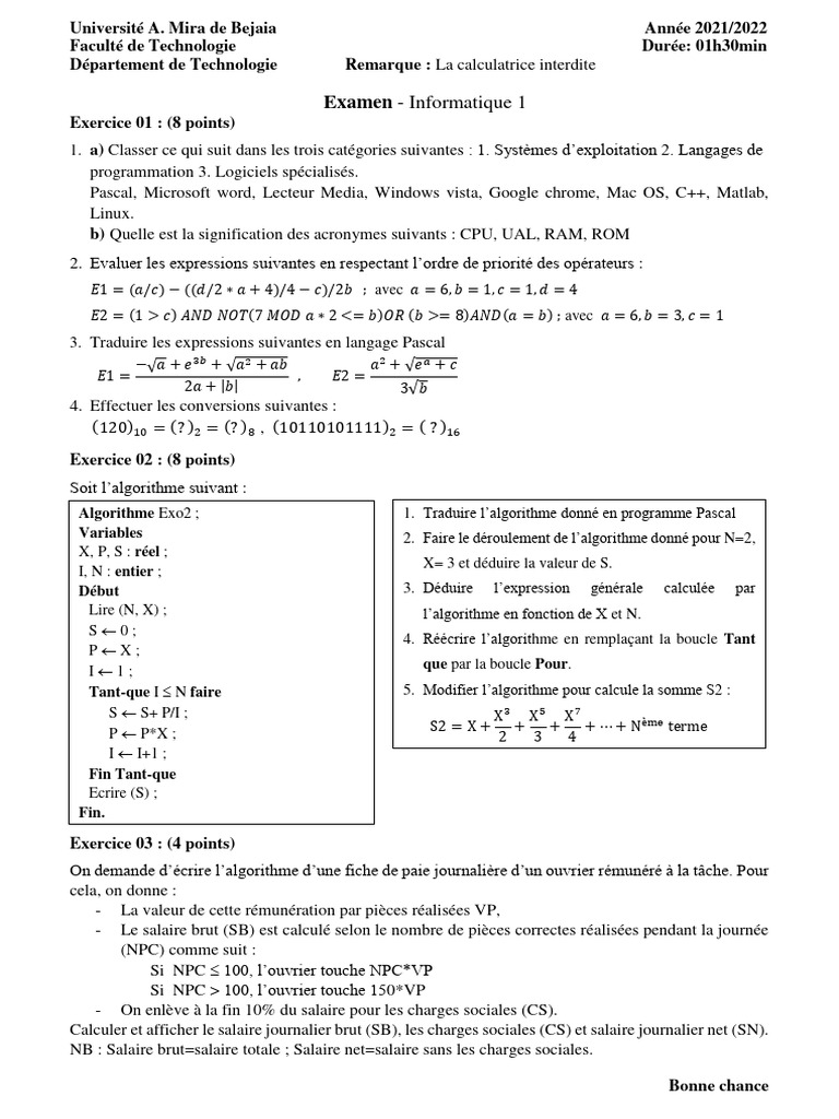 01 - Examen Final Info 1 | PDF