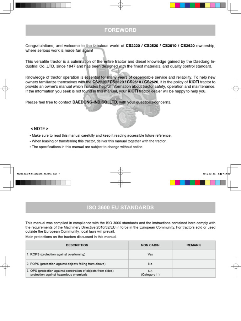 Kioti CS2220, CS2520, CS2610, CS2620 Tractor Operator's Manual | PDF | Tractor | Motor Vehicle