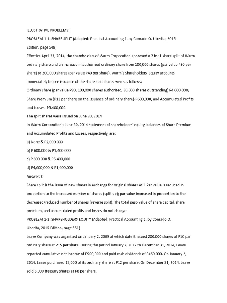 ILLUSTRATIVE PROBLEMS Share Split | PDF | Treasury Stock | Capital Surplus