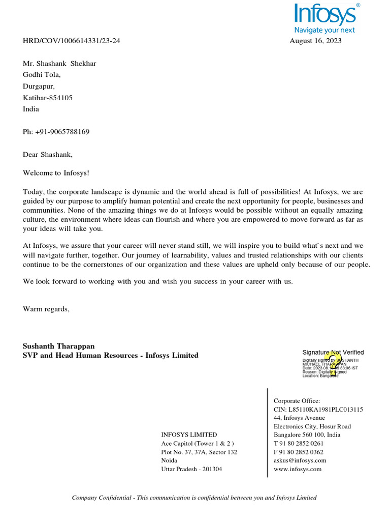 Infosys Associate Consultant Offer Letter | PDF | Salary | Employment