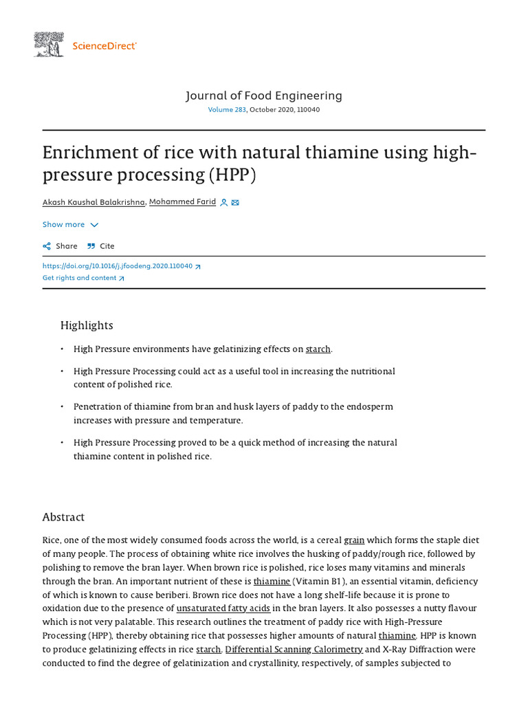 Enrichment of Rice With Natural Thiamine Using High-Pressure Processing ...