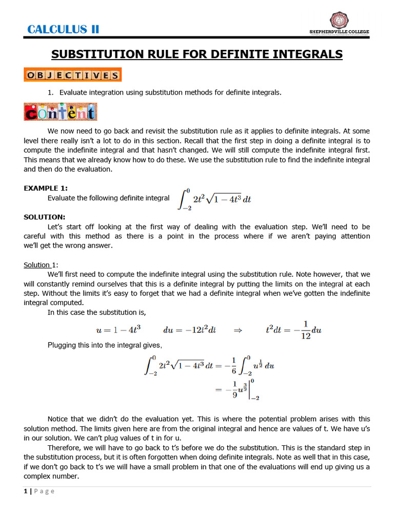 Substitution Rule for Definite Integrals | PDF | Integral | Analysis