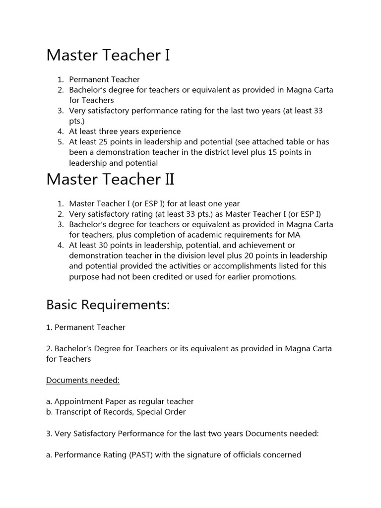 REQUIREMENTS FOR Master Teacher I and II | PDF | Academic Degree | Teachers