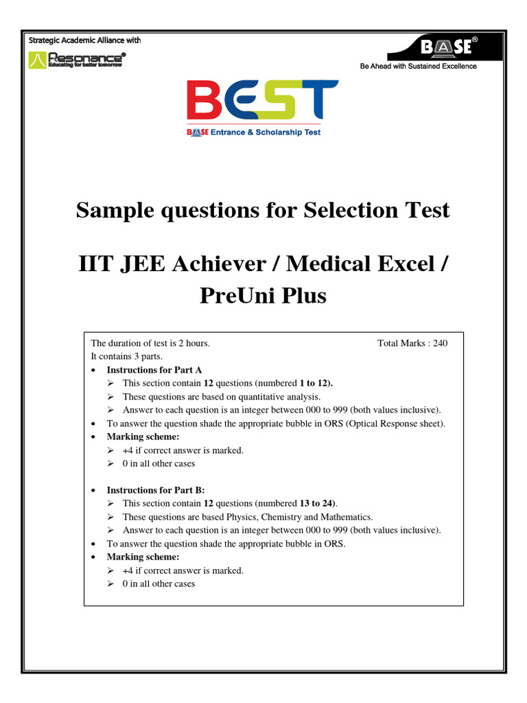 IIT, ME, PU PCMB Sample Paper 2024-25 Q + Soln (Non-Base) With Instructions | PDF