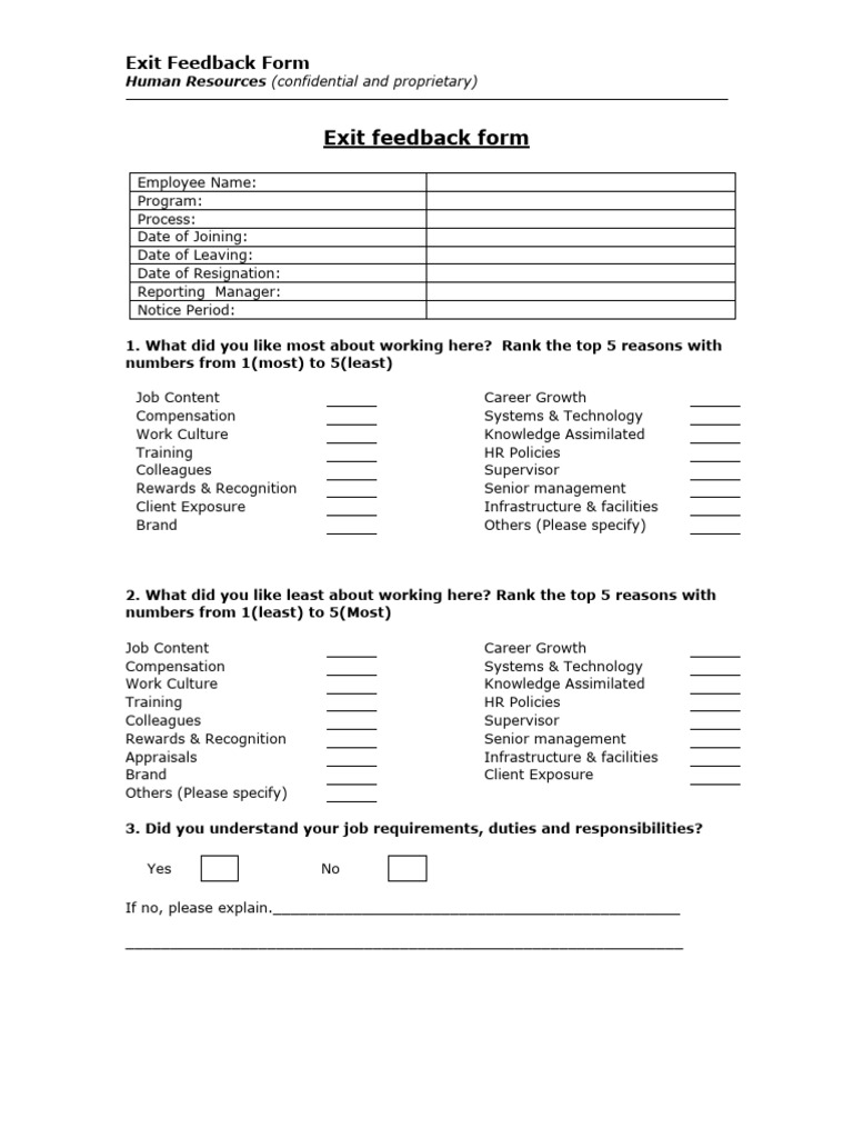 Exit Feedback Form | Download Free PDF | Human Resources | Employment
