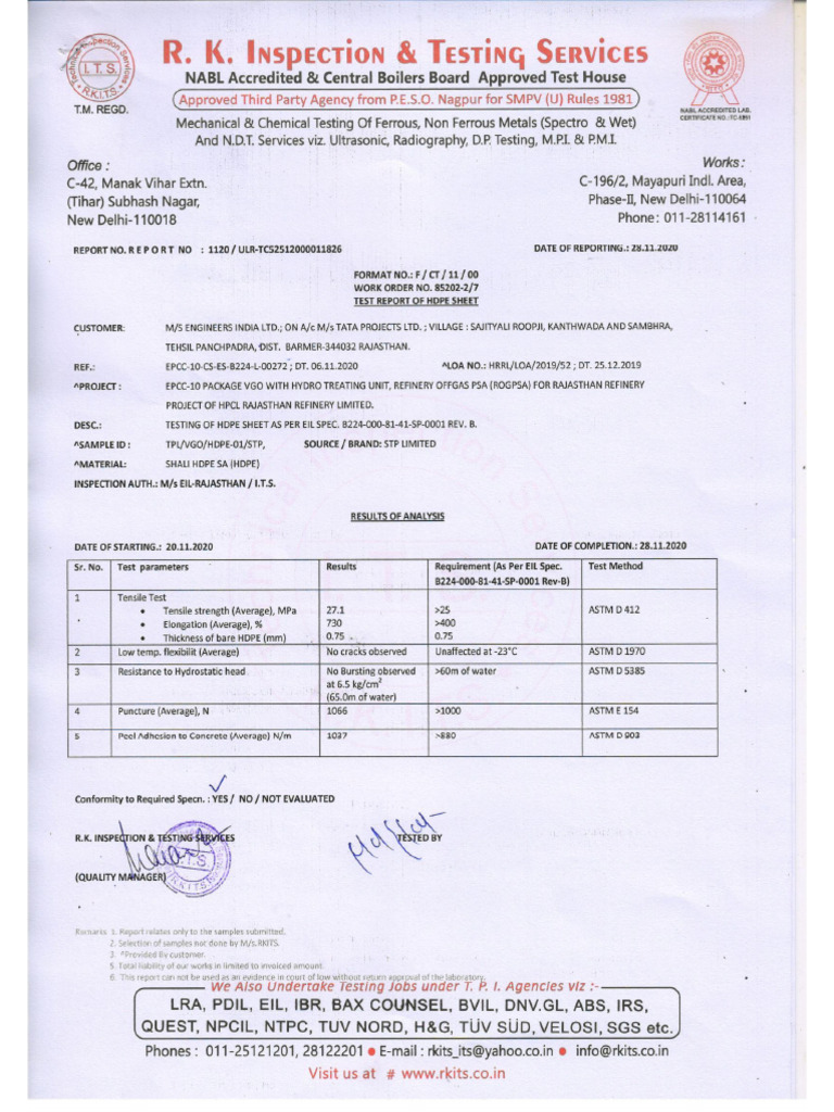 Test Reports HDPE & SBS STP Limited | PDF