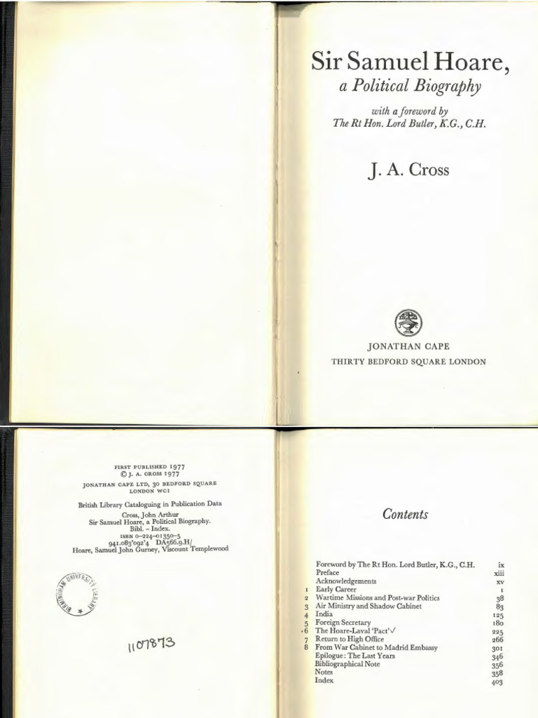 John Cross - Samuel Hoare - A Political Biography-Jonathan Cape (1977 ...