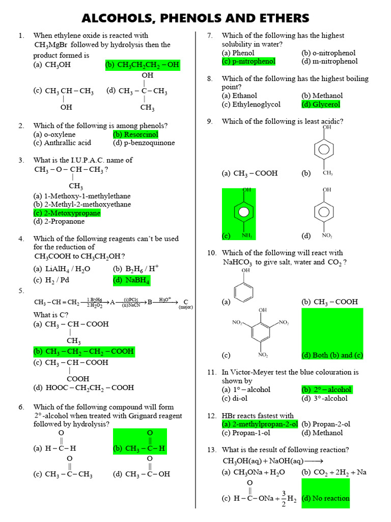 ALCOHOLS, PHENOLS AND ETHERS Paper PDF Ans Key | PDF | Ether | Chemical ...