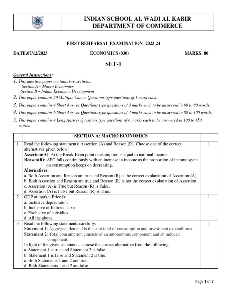 ISWK XII Economics (030) QP & MS REHEARSAL 1 (23-24) | PDF | Government ...