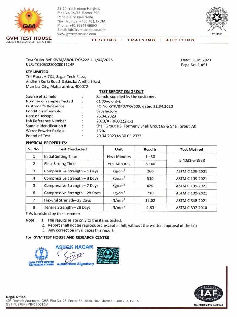 Test Report-STP Limited-Shali Grout HS | PDF | Evaluation Methods ...