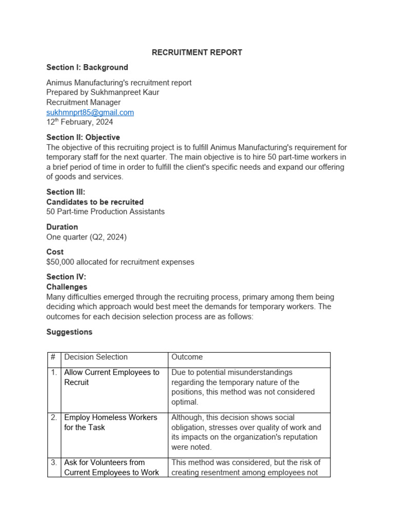 Recruitment Report | PDF | Recruitment | Employment