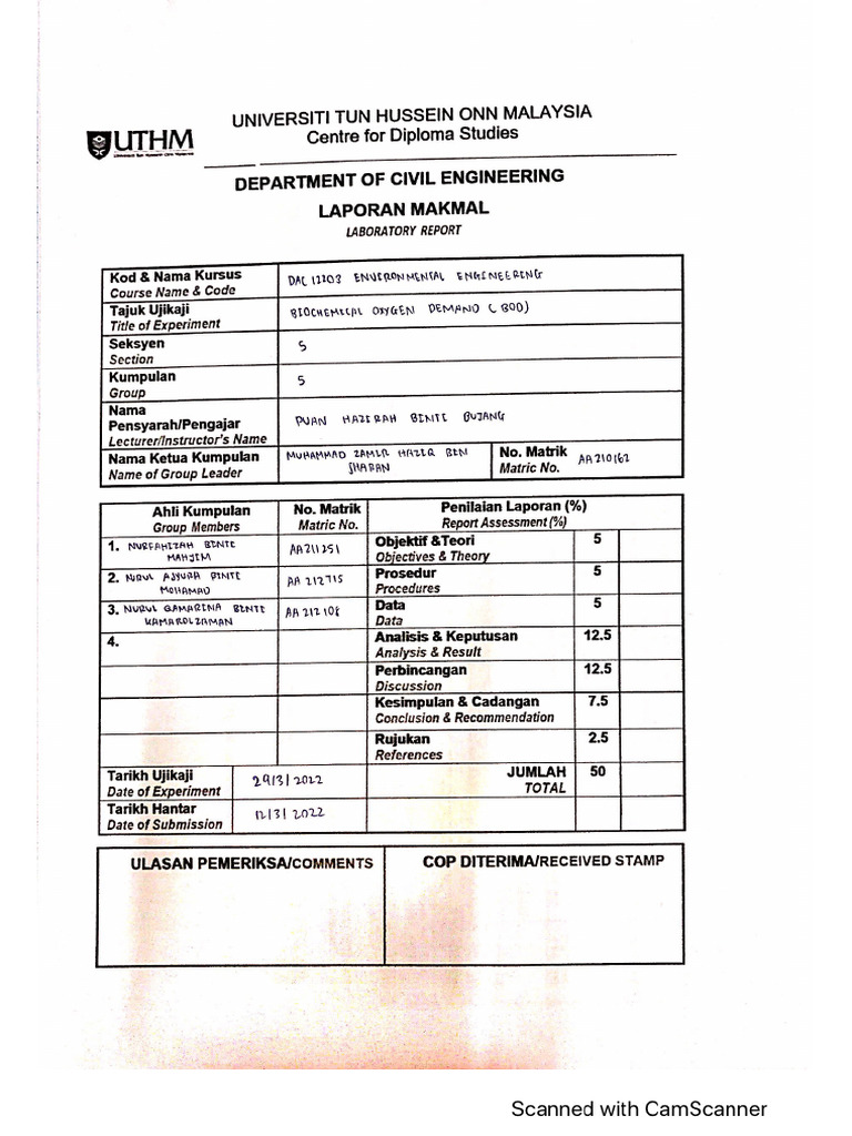 Lab Report Biochemical Oxygen Demand | PDF