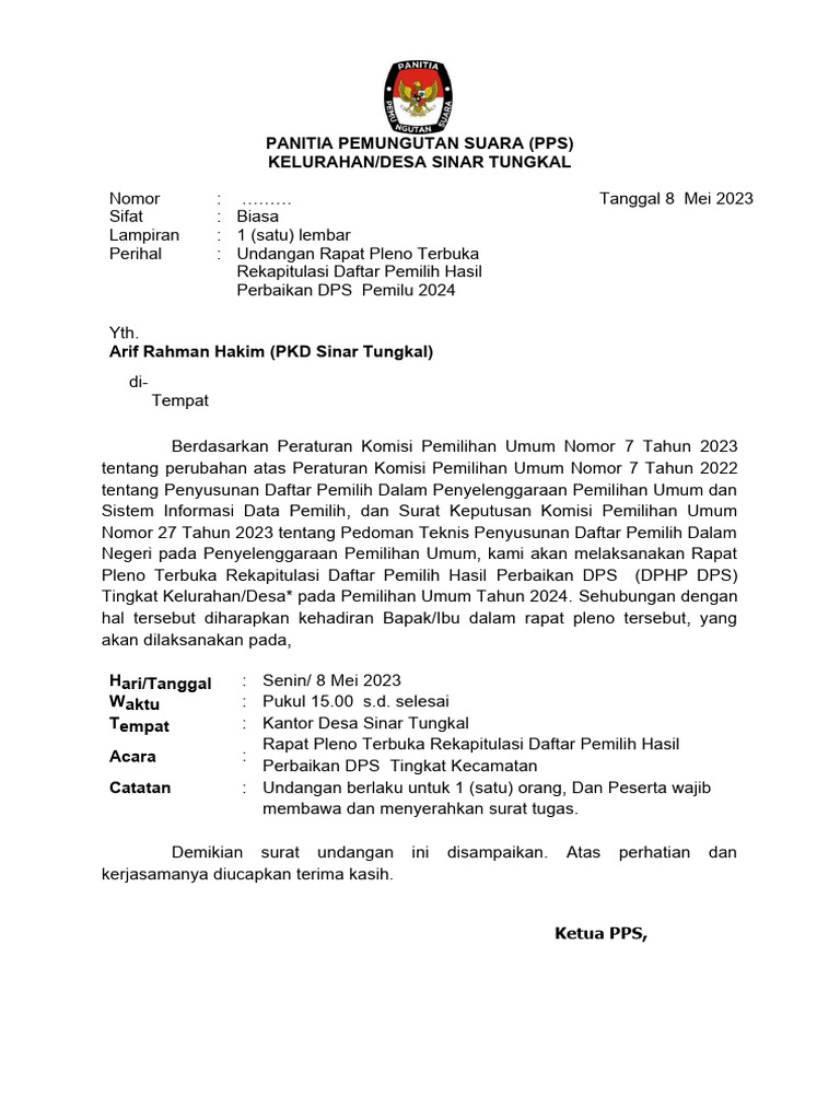 Draft Undangan DPHP-DPS PPS | PDF