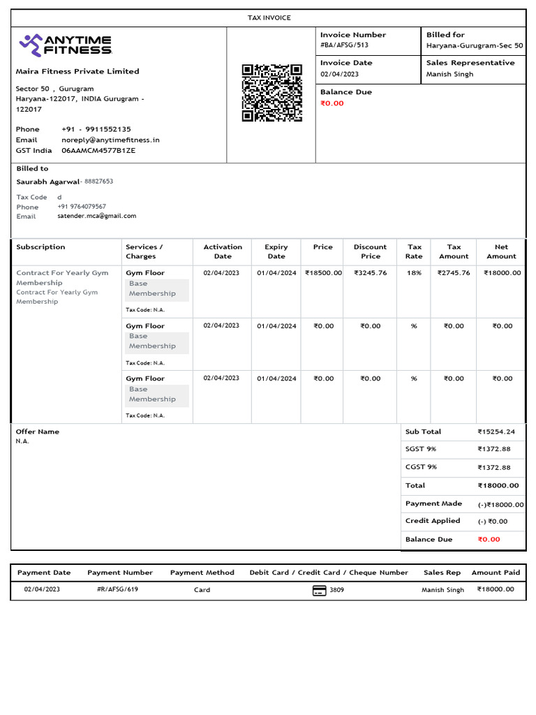 Haryana-Gurugram-Sec 50 #BA/AFSG/513: Invoice Number Billed For | PDF ...