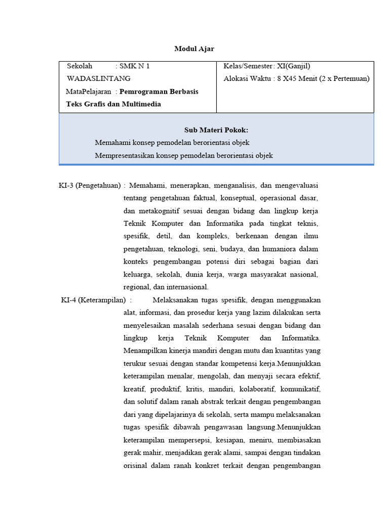 Modul Ajar Sekolah SMK N 1 WADASLINTANG | PDF