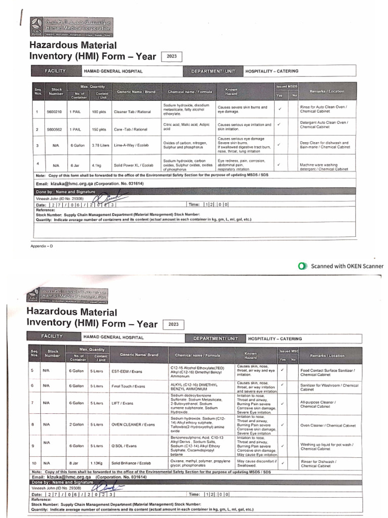 Chemical Hazardous Material Inventory | PDF