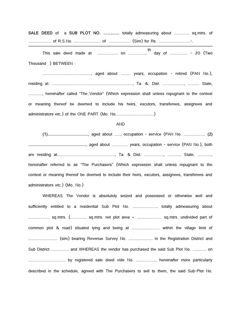 English Sale Deed of Open Plot | PDF | Civil Law (Legal System ...