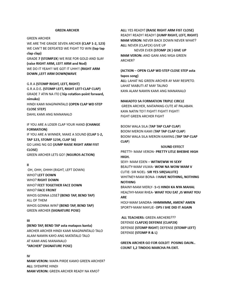 Green Archer Cheers and Yells | PDF