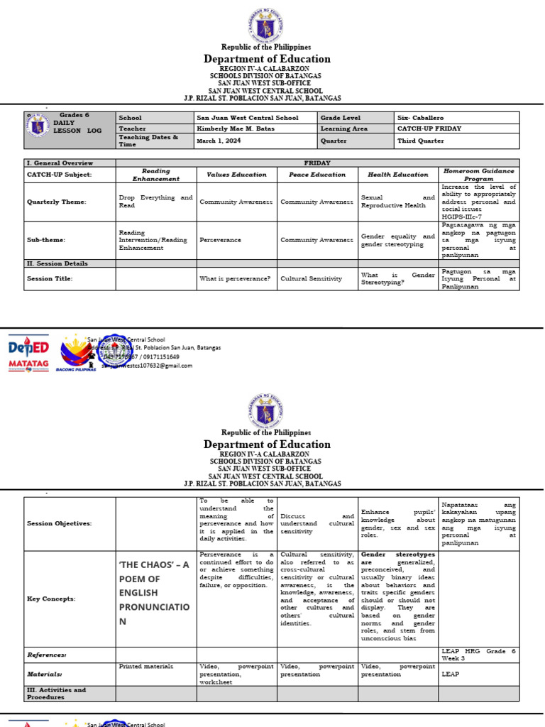 Grade 6 Catch-Up Lesson Plan | PDF | Gender | Gender Studies
