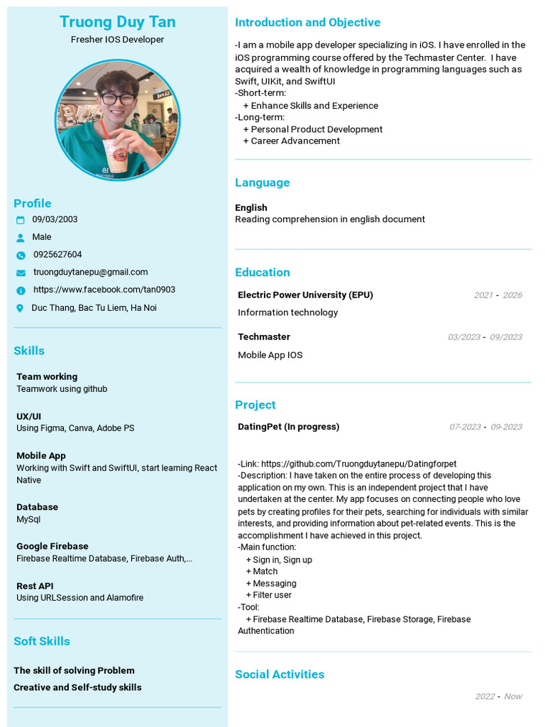 CV Truong Duy Tan - CVFresherIOS-TopCV - VN | PDF | Swift (Programming Language) | Ios