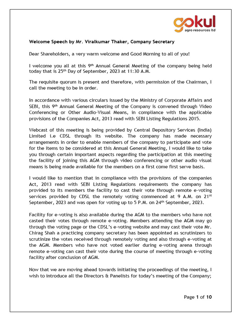 9th AGM Welcome Speech & Resolutions | PDF | Rapeseed | Vegetable Oil