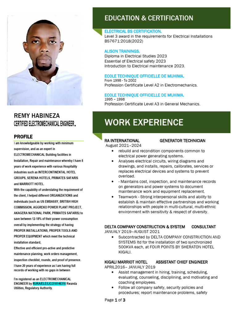 HABINEZA REMY CULLICULUM VITAE | PDF | Safety | Electric Generator