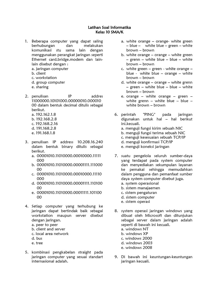 Latihan Soal Informatika - Kelas10smak - Semester2 - Siswa | PDF