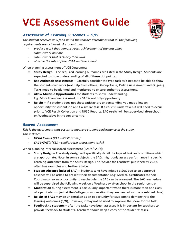 VCE Assessment Guidelines and Requirements | PDF | Learning | Cognition