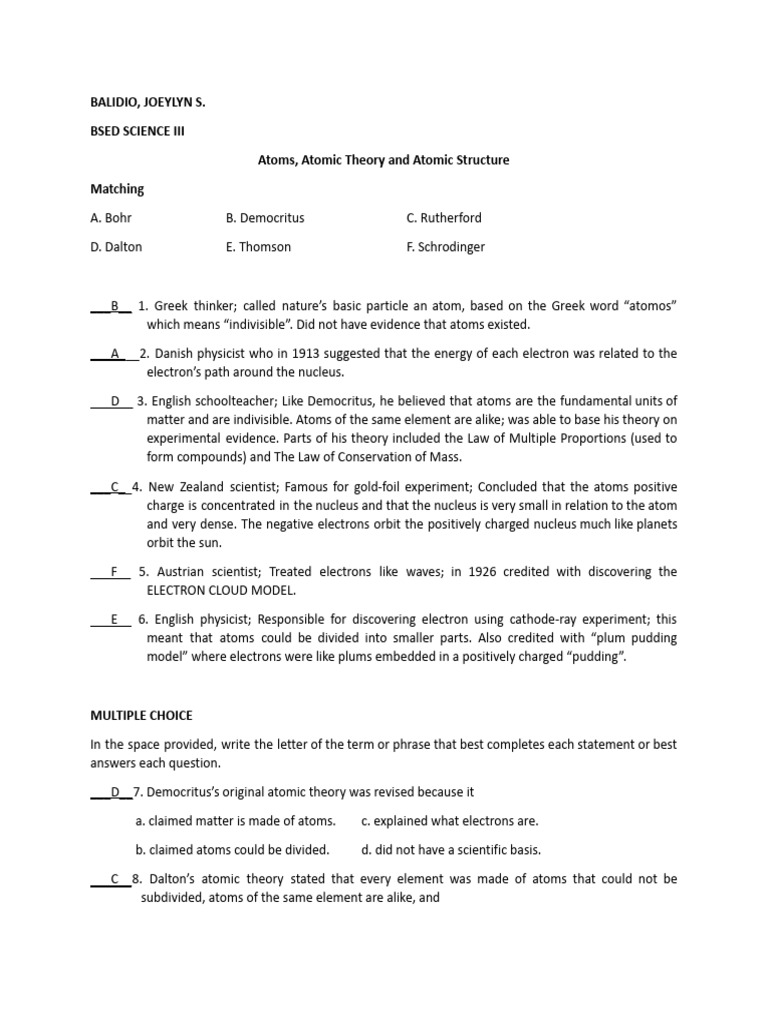 Quiz 5 Atoms, Atomic Theory, Atomic Structure | PDF | Atoms | Proton
