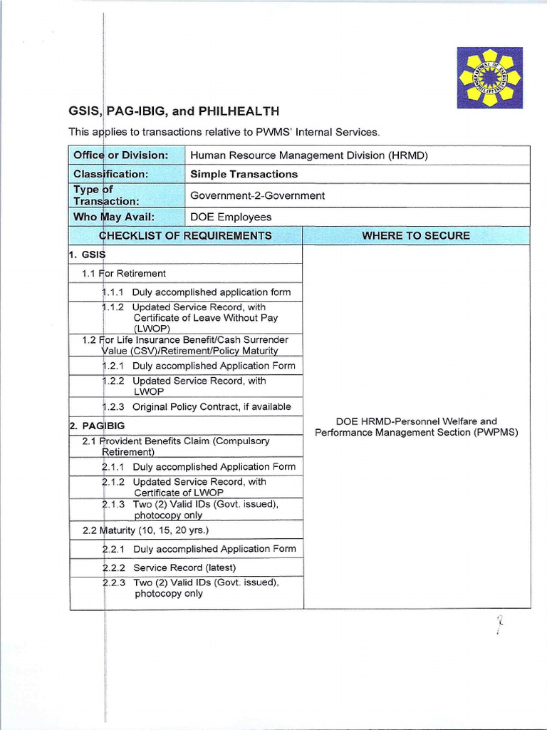Citizen Charter 2021 HRMD 03 Gsis Pagibig Philhealth 04212022 | PDF
