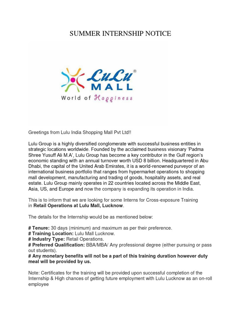 Summer Intership Notice and Details | PDF