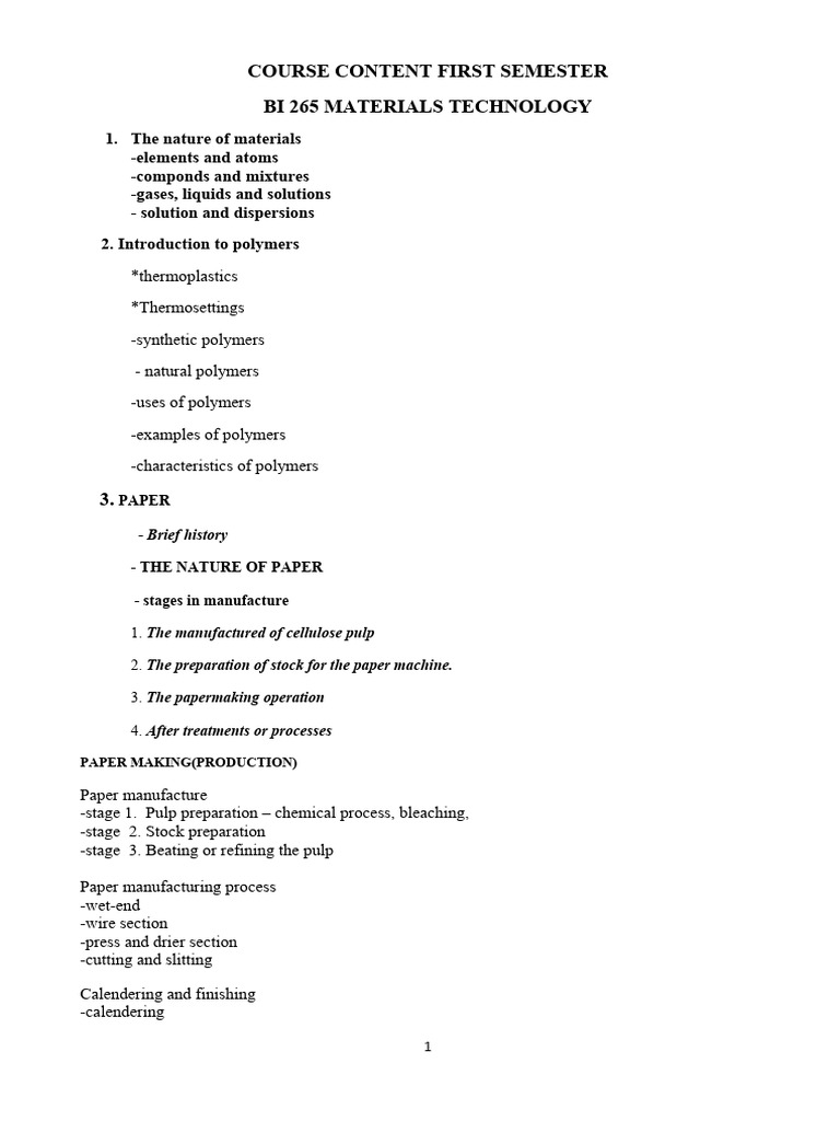 COURSE CONTENT FIRST SEMESTER I MATECHx | PDF | Paper | Pulp (Paper)