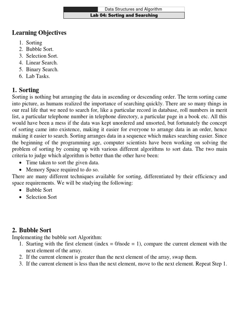 Lab 04 - Sorting and Searching | PDF | Computer Science | Computer ... Lab 04 - Sorting and Searching | PDF | Computer Science | Computer ...