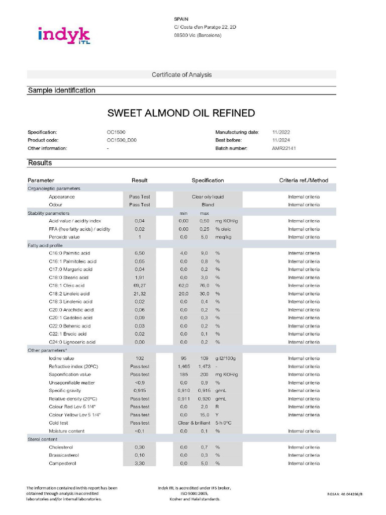 COA Sweet Almond Oil Refined - AMR22141 - Page-0001 | PDF