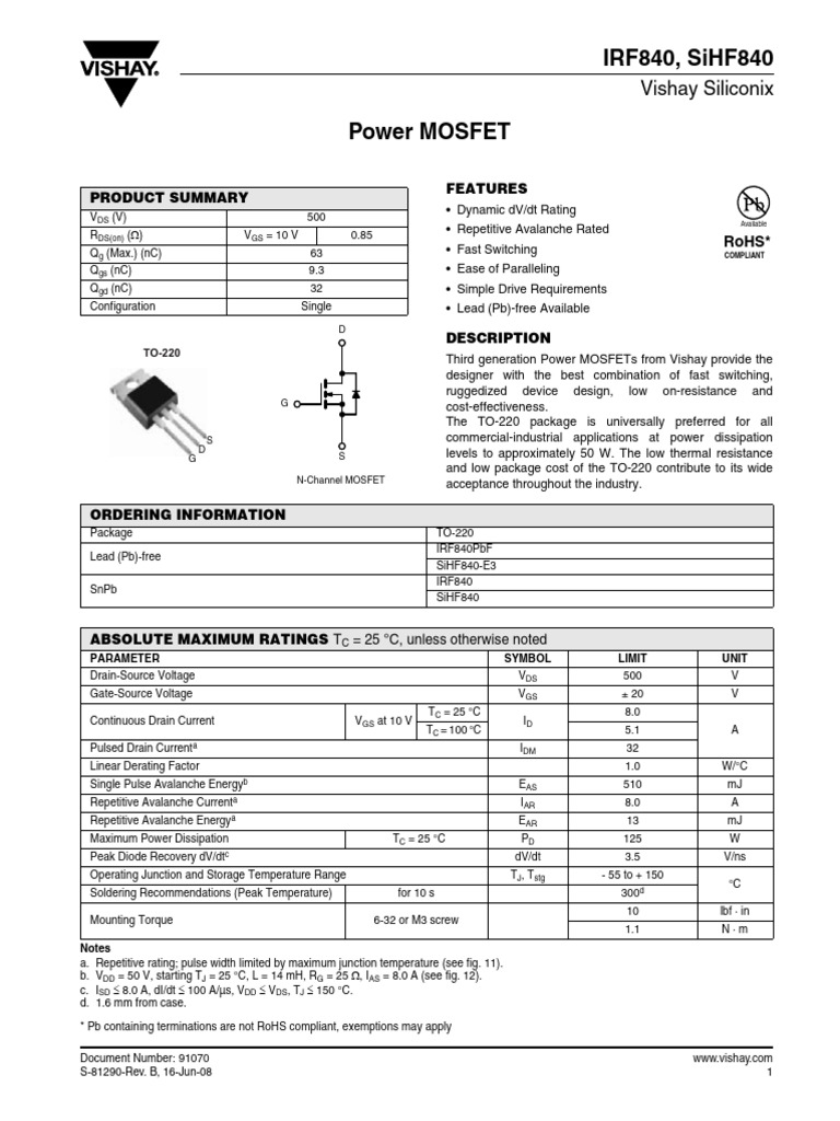 IRF840 | PDF | Field Effect Transistor | Diode