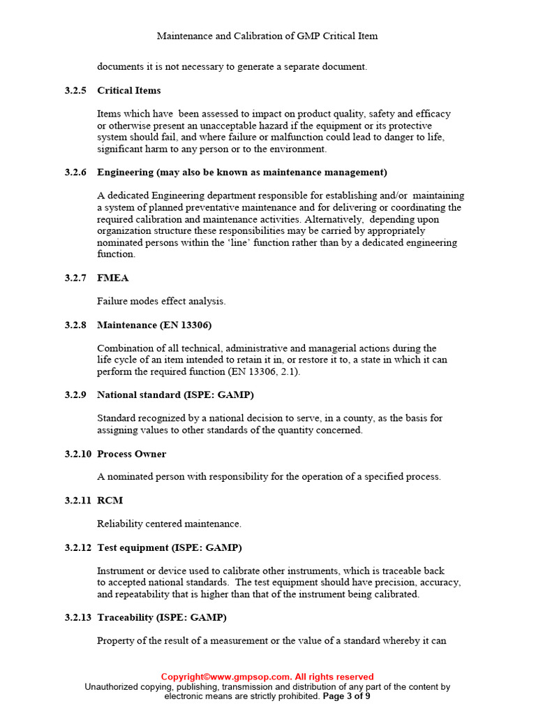 MFG MANUAL 007 Maintenance and Calibration of GMP Critical Item Sample ...