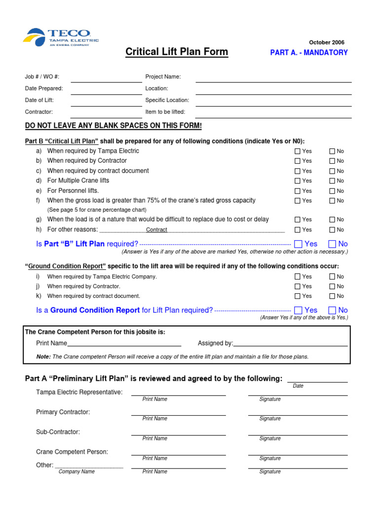 Critical Lift Plan Form: Do Not Leave Any Blank Spaces On This Form ...