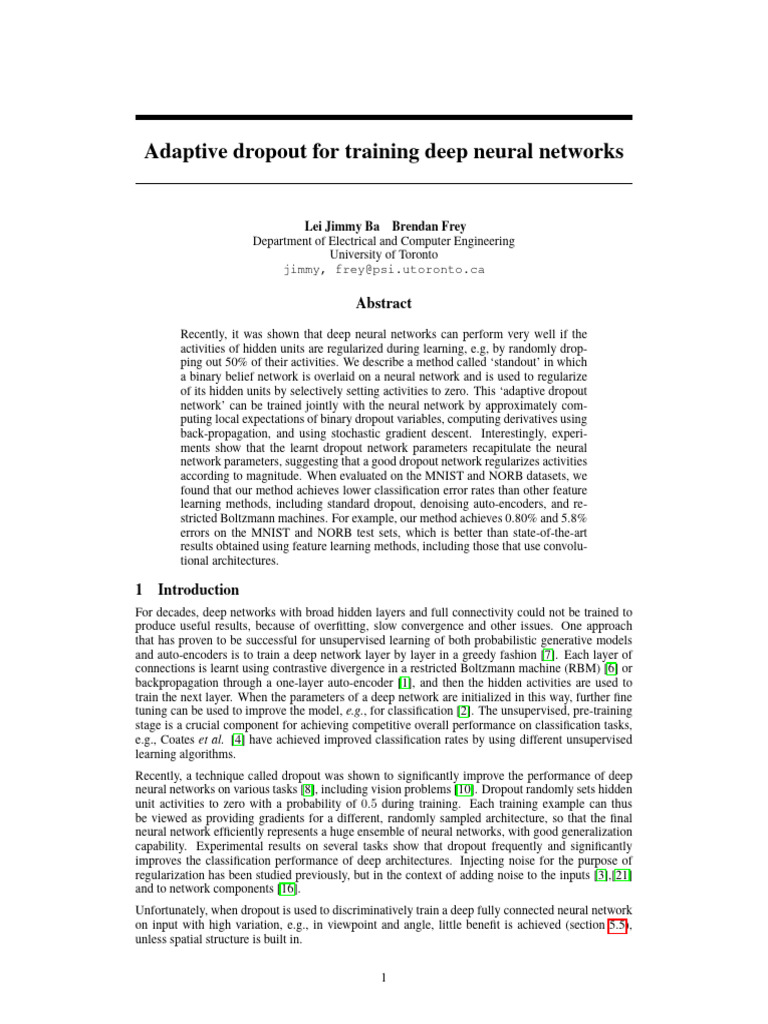 Nips 2013 Adaptive Dropout For Training Deep Neural Networks Paper