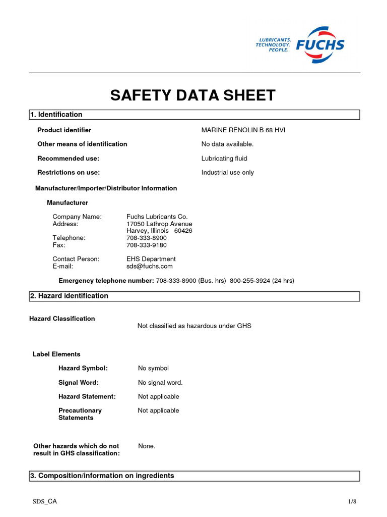 Marine Renolin B 68 HVI Safety Data Sheet | PDF | Toxicity | Personal ...