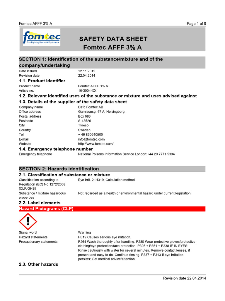 Foam Concentrate Msds | Download Free PDF | Dangerous Goods | Chemistry