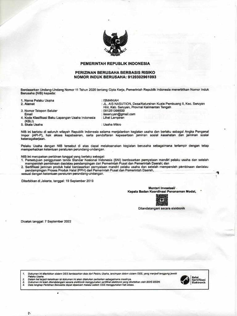 Contoh Nomor Induk Berusaha | PDF