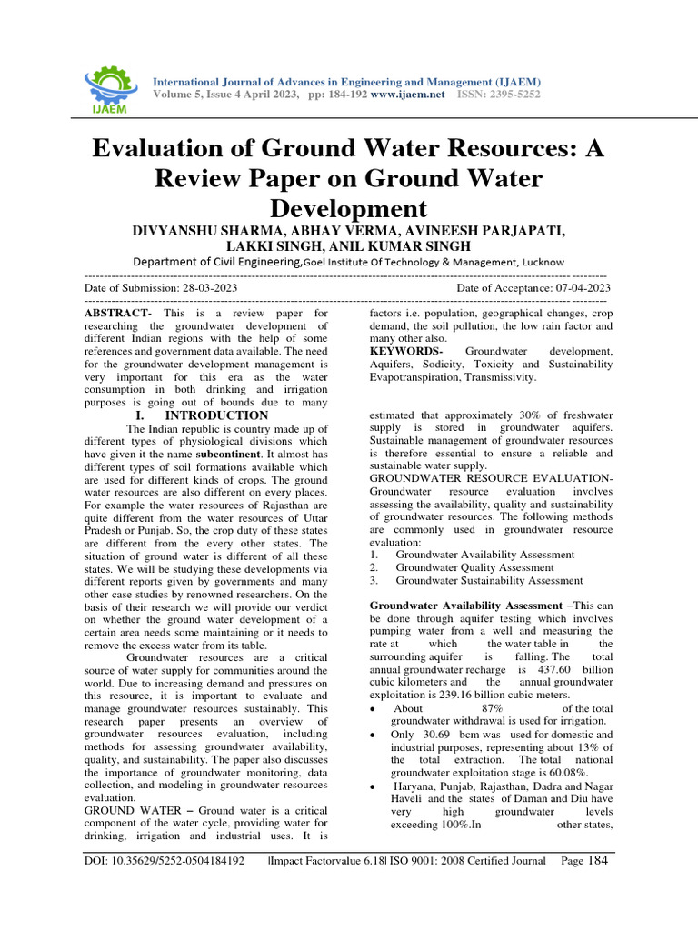 Evaluation of Ground Water Resources A Review Paper On Ground Water ...