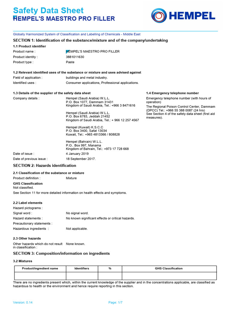 Hempel's Maestro Pro Filler Safety Data | PDF | Chemistry | Materials