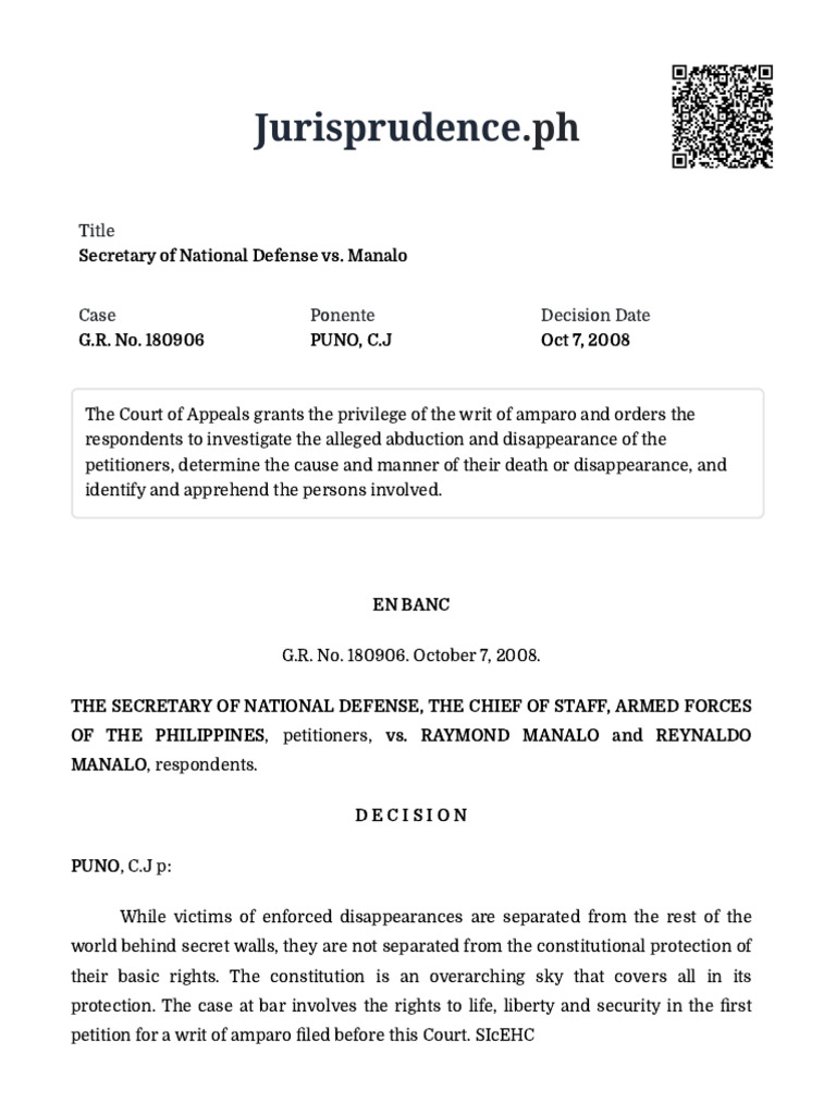 Amparo Case: Sec. of Defense vs. Manalo | PDF | Injunction | Justice