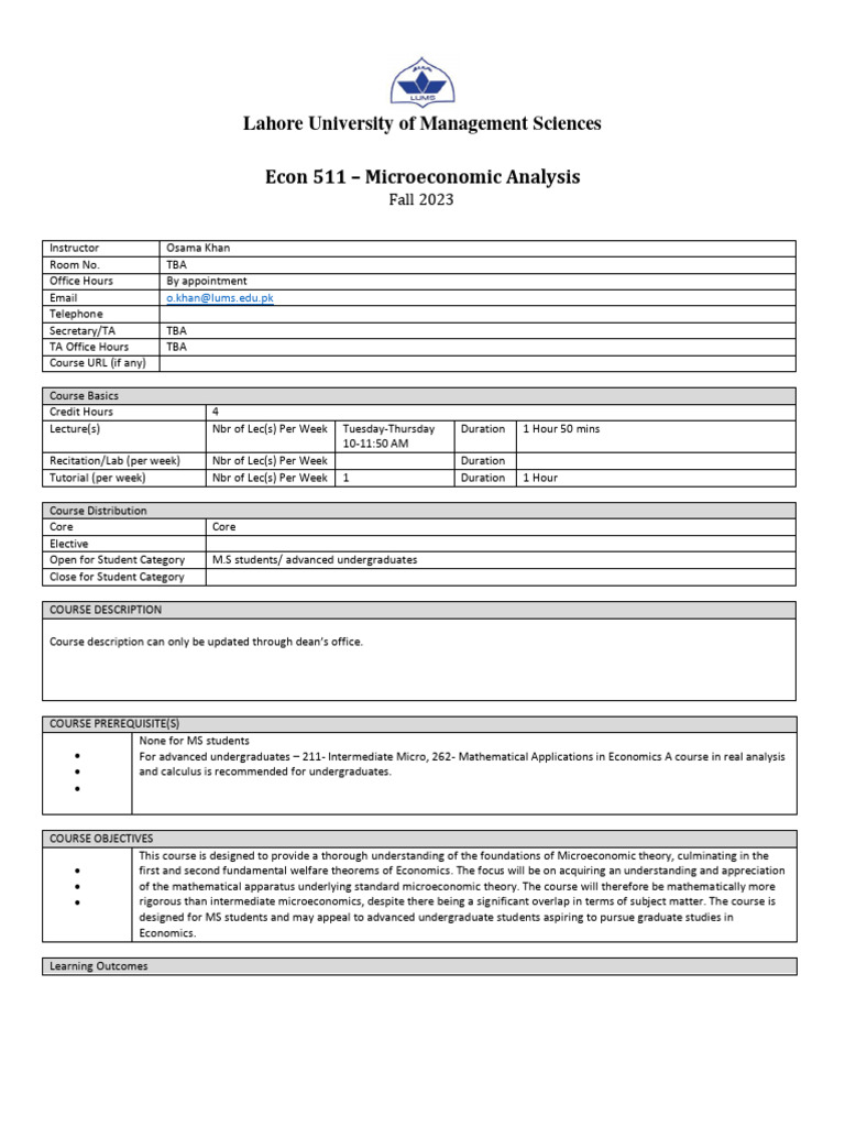 Econ 511: Microeconomic Analysis Fall 2023 | PDF | Welfare Economics ...