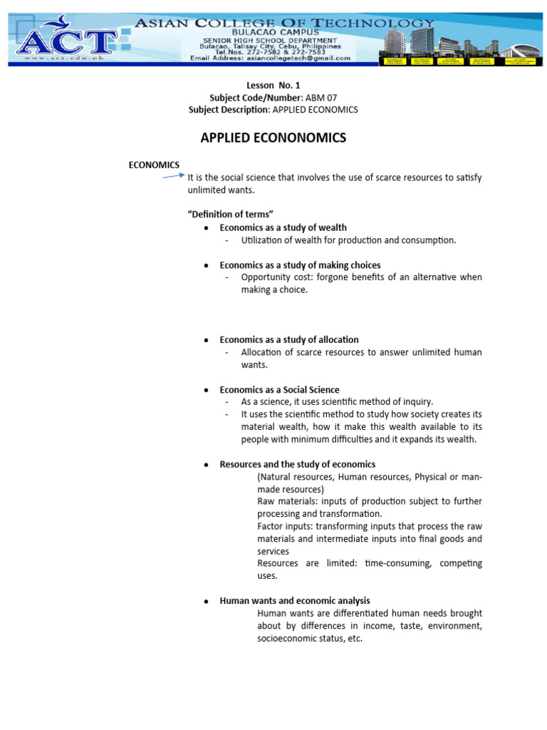 Lesson No. 1 Applied Econ | PDF | Economics | Microeconomics