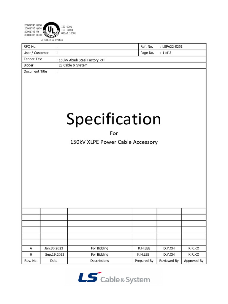Specification For 150kV Cable Accessory - 22363 - Rev.2 | PDF ...